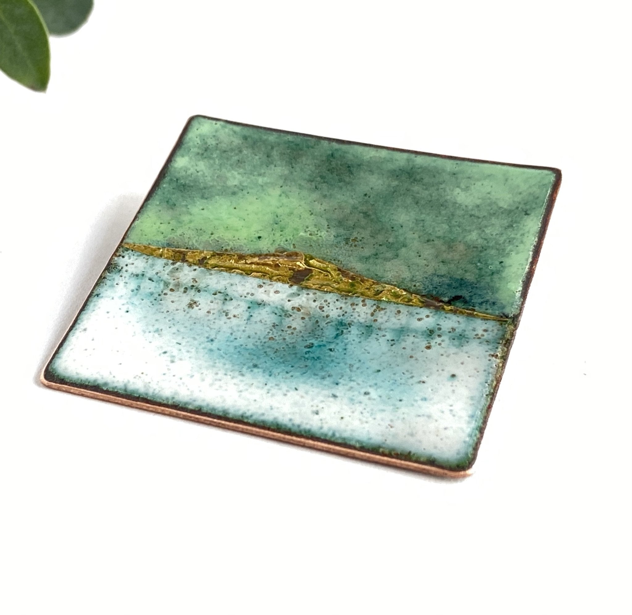 enamel brooch blue pin landscape gold square vitreous enamel green ...